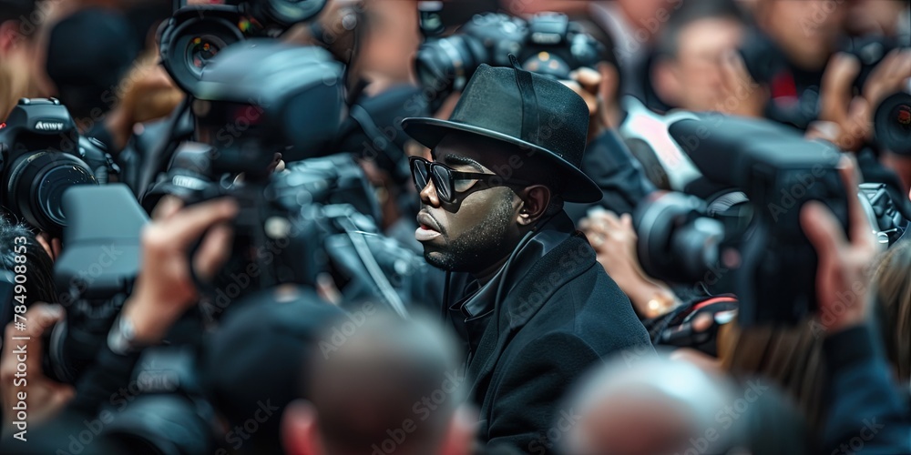 Celebrity surrounded by paparazzi photographers - crowd in public Stock ...