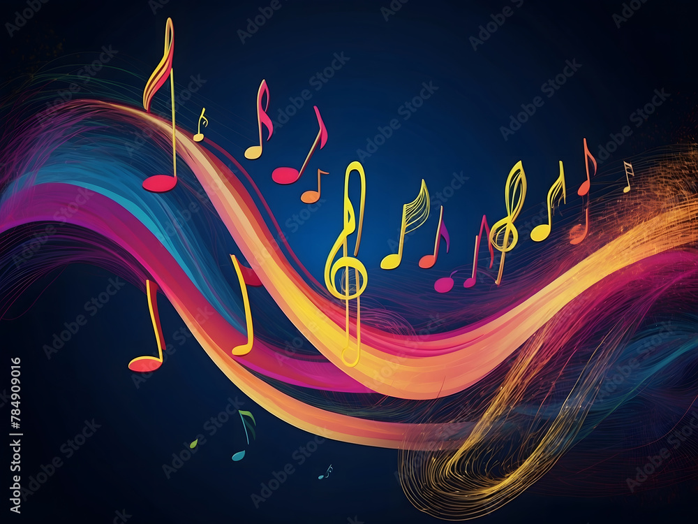 An abstract interpretation of music notes and sound waves dancing over ...