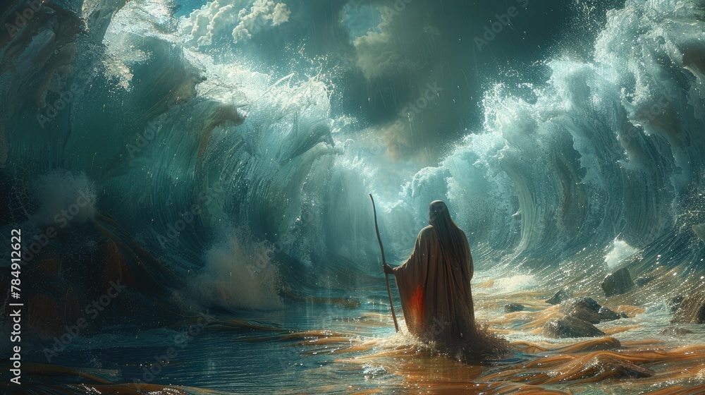 Portrait of the biblical back view of Moses dividing the sea with his ...