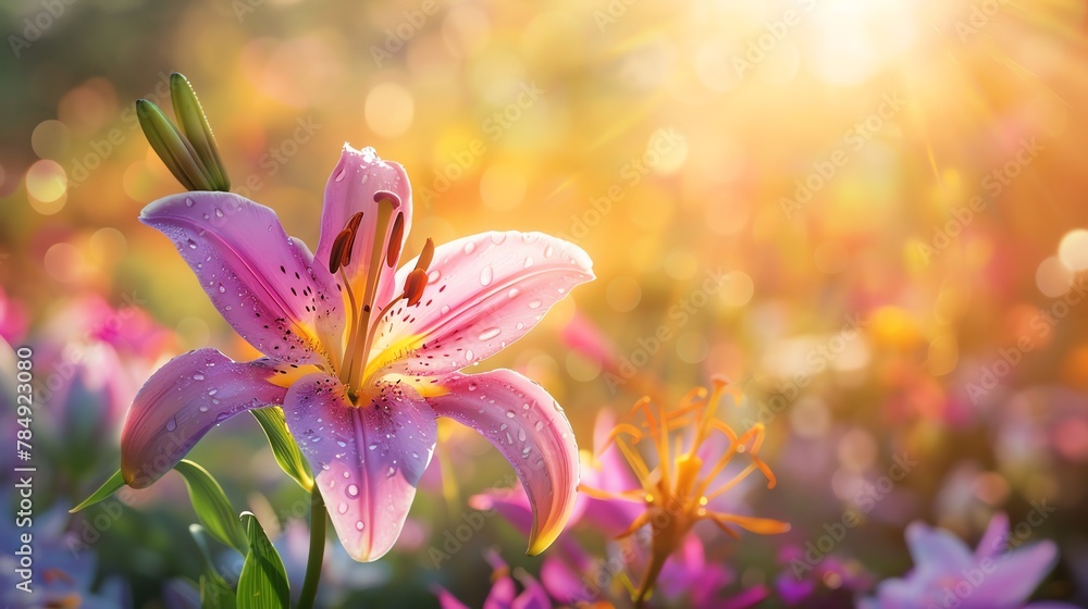 Beautiful lily flowers in the field with a sunrise sky background, dews ...