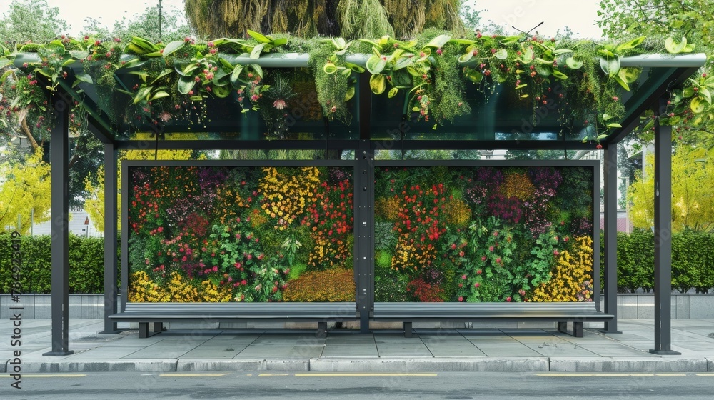 Foto de Blank mockup of a bus stop shelter with a living roof covered ...