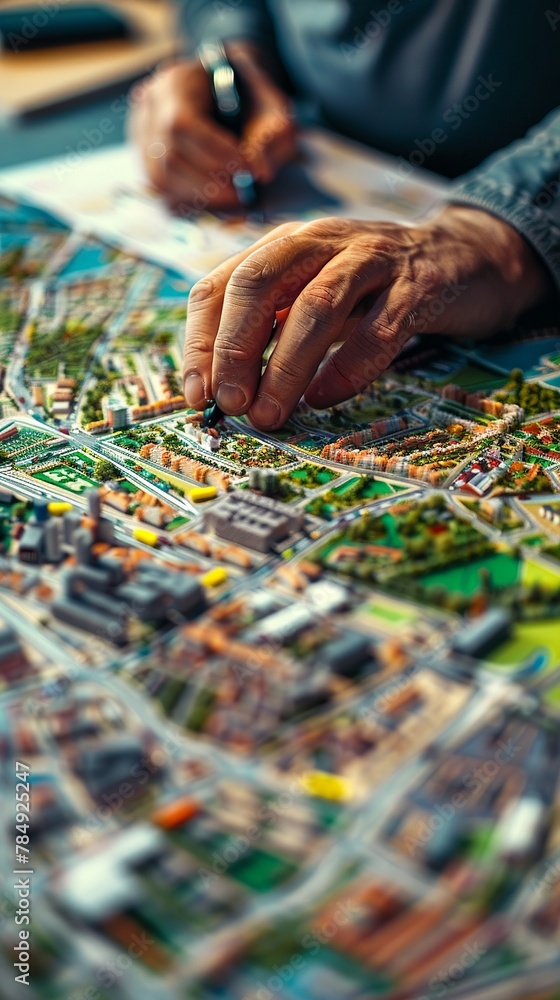Transportation engineer designing traffic flow simulations, urban map ...