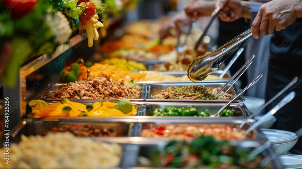 People group catering buffet food indoor in restaurant with meat ...