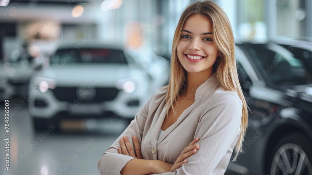 Professional luxury car saleswoman in luxury showroom. Auto dealership ...