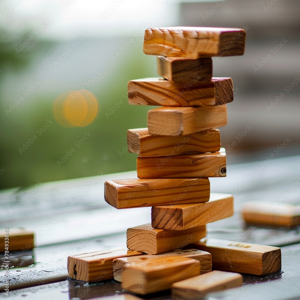 Jenga Tower at Tipping Point, A Jenga game set up where the tower is about to topple ...