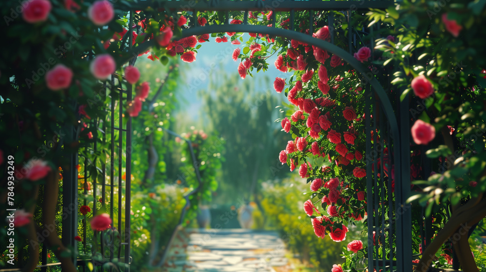 A beautiful garden enclosed by a gate, adorned with colorful flowers ...