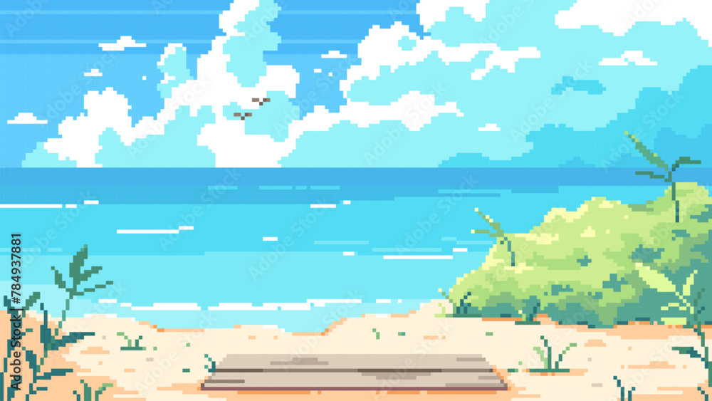 Pixel art background with 8-bit style Beach and Sea. Summer Pixel Game ...