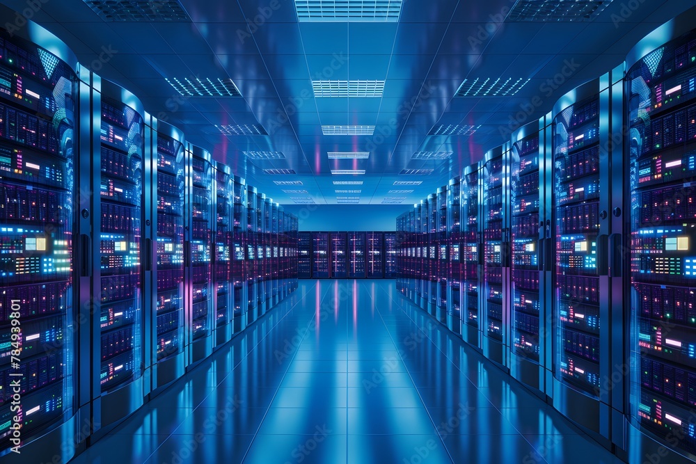 Bright rows of server racks fill a modern data center room Stock Photo ...