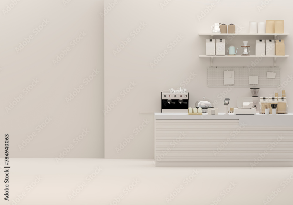 3D render modern white and beige style cafe counter with big window ...
