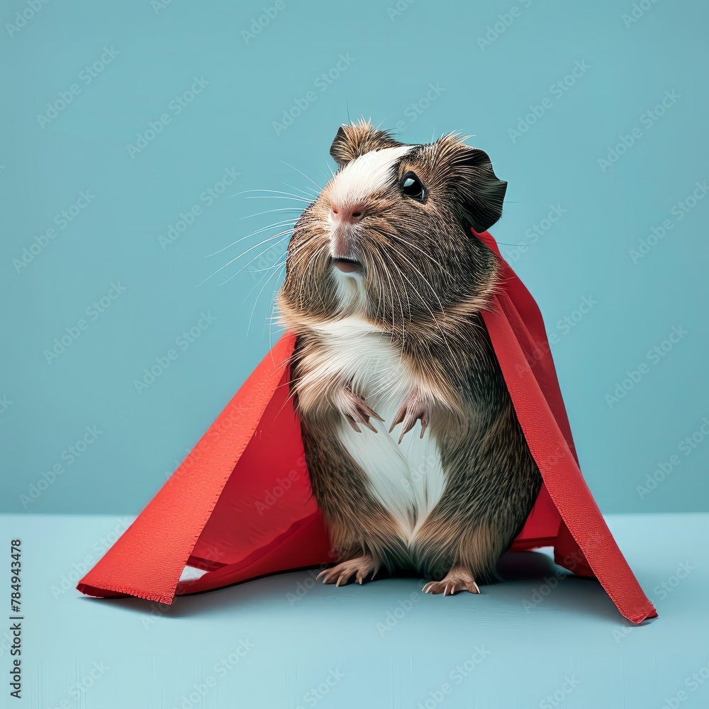 Guinea pig as a superhero, little cape fluttering, light blue ...