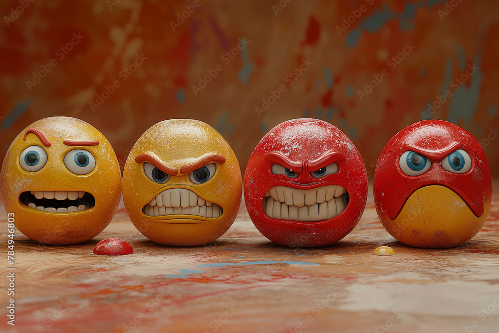 Four angry faces are shown in a row, with one of them having a hole in ...