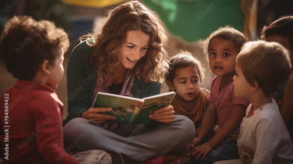 nurturing daycare provider reading a story to a group of children ...