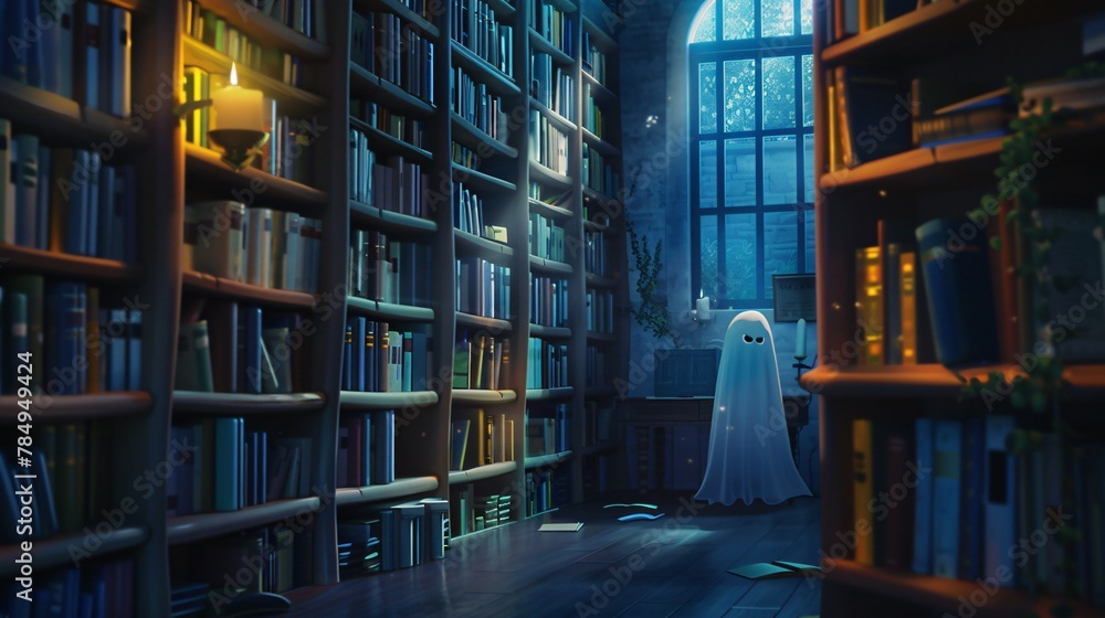 Curious ghost exploring an old library floating through walls to find ancient books Stock ...