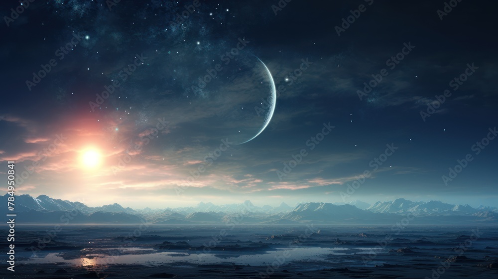 space background,a distant planet , of a star-filled sky, bathed in the ...