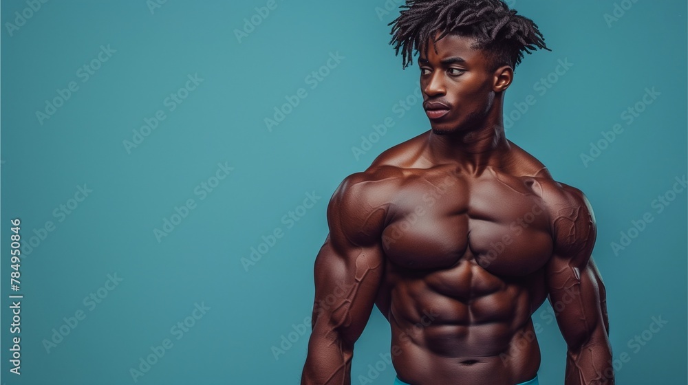Strong, fit male athlete posing shirtless in a studio, showcasing his ...