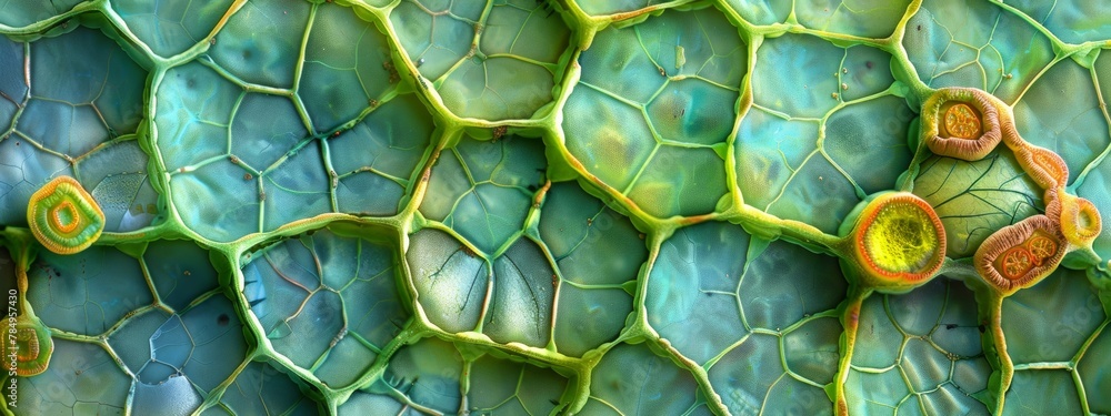 Plant cell structure magnified showing green chloroplasts and cell ...