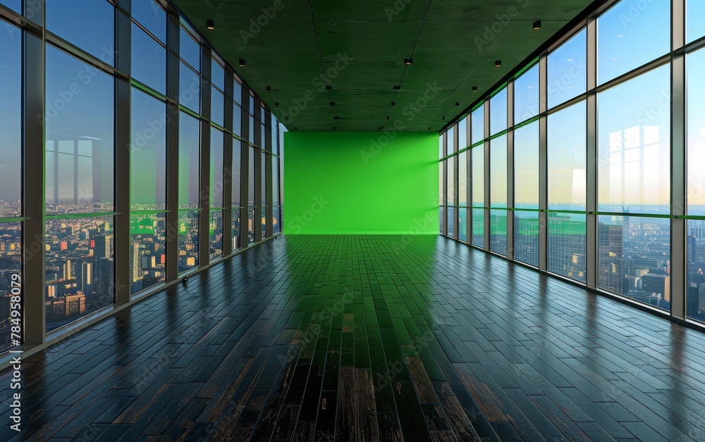 Studio room with green screen on an upper floor with a city background ...