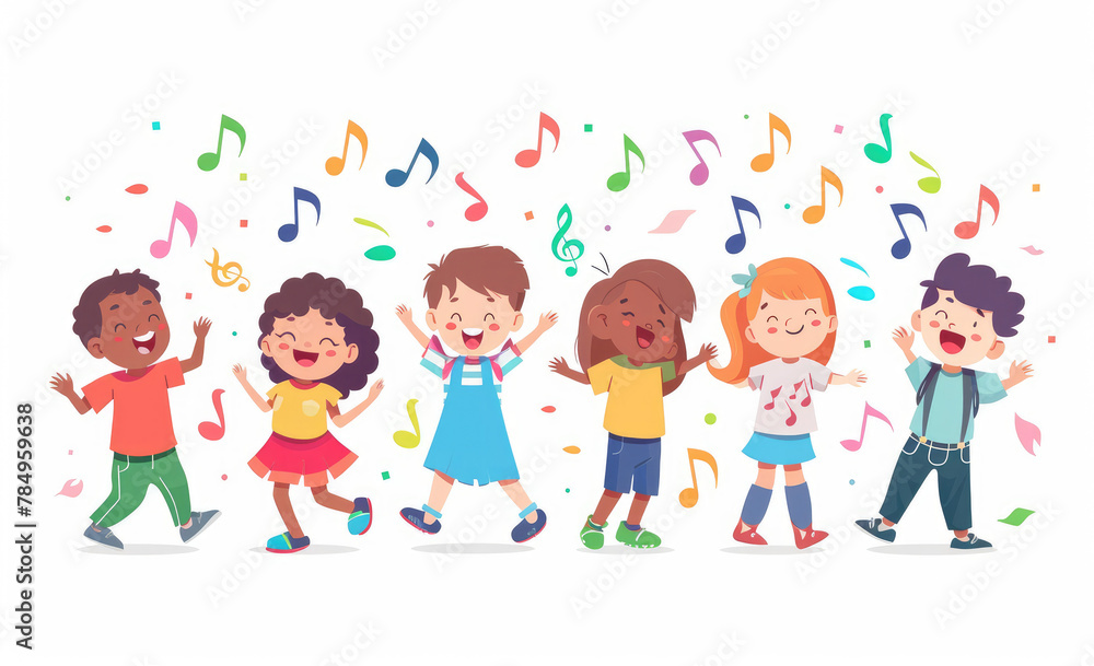 Vector flat cartoon illustration of happy kids dancing and singing with ...
