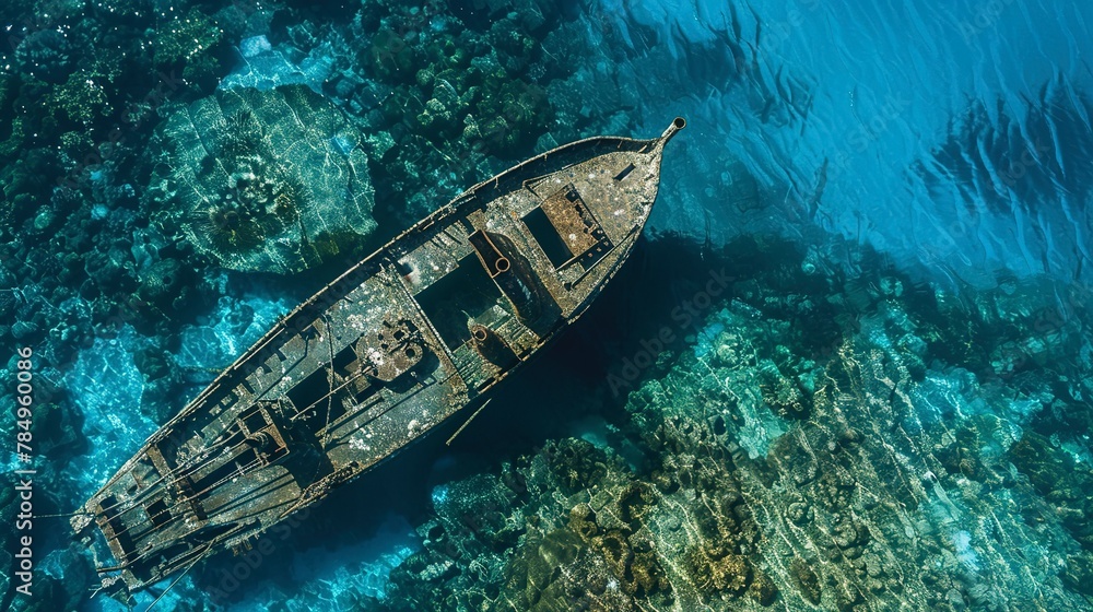 Sunken ship, reef home, top-down close-up, maritime mystery, ocean's ...