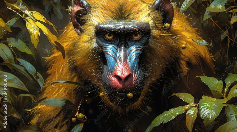 Mandrill Foraging for Fruits in the Underbrush, Its Vibrant Colored ...