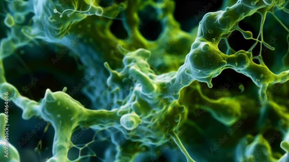 A vibrant colorenhanced photograph of a fungal mycelium immersed in a ...