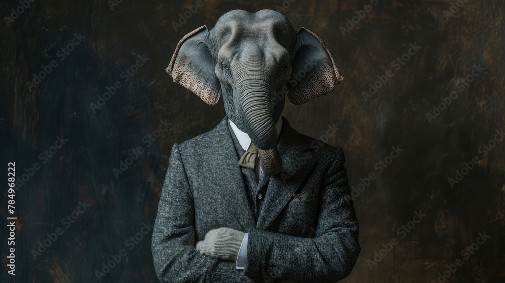 An elephant dressed in a classy suit stands as a successful leader and ...