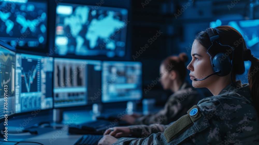 Female and Male Military Officers Working at System Control Center ...