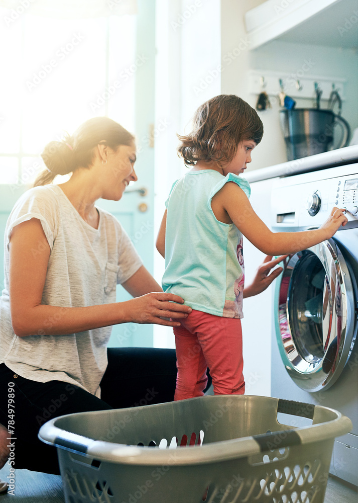 Help, laundry and mom with kid at washing machine for chores, teaching ...