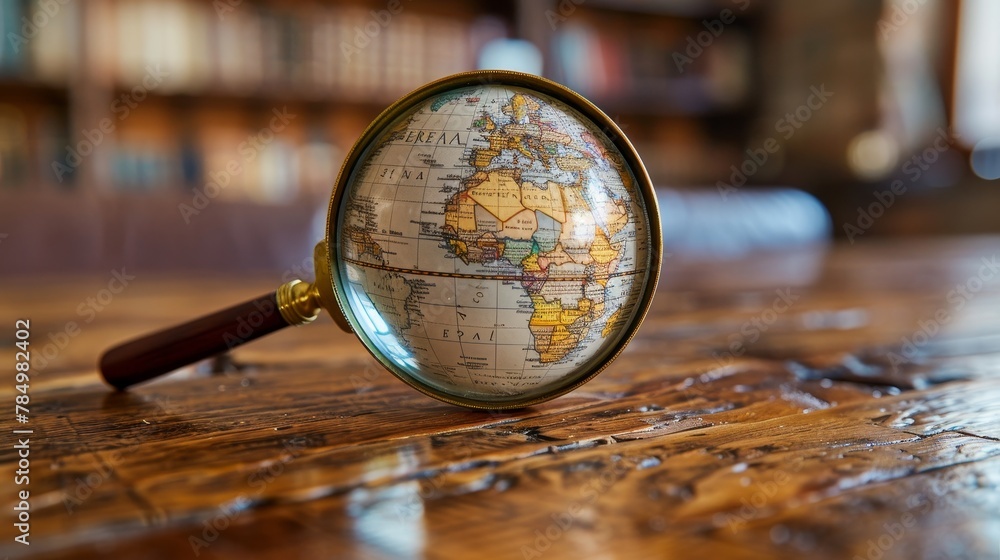 Earth Globe: A photo of a Earth globe with a magnifying glass focused ...