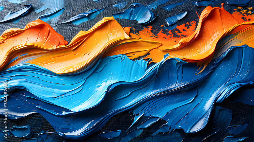 Closeup of abstract rough colorful blue orange complementary colors art ...