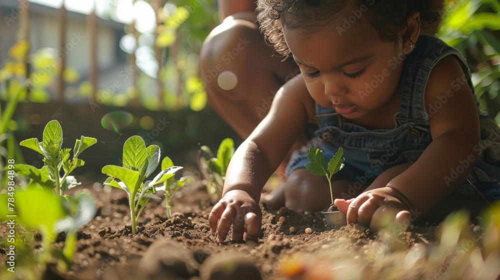 An intimate moment of a parent teaching their child how to plant seeds ...