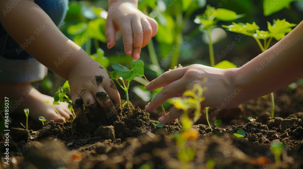 An intimate moment of a parent teaching their child how to plant seeds ...
