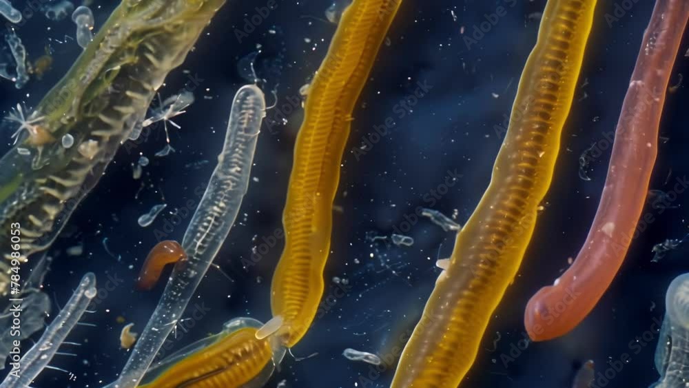 Several nematodes seen under a microscope each one a different color ...