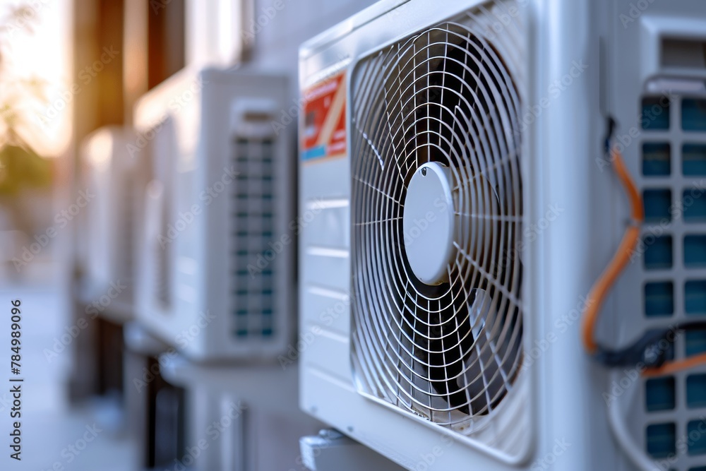 Outdoor air conditioning unit on a building wall, with a visible fan ...