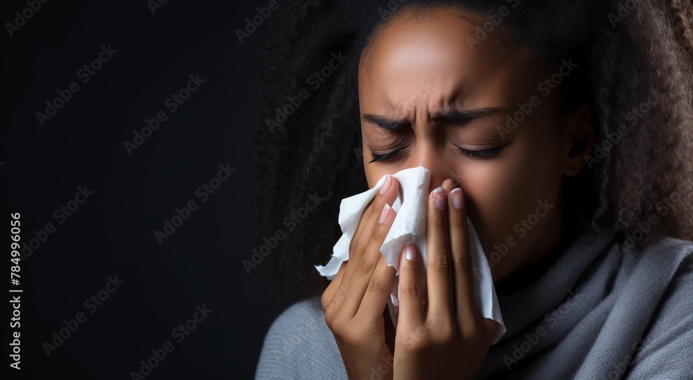 Dark skinned African American woman sneezing Close up portrait isolated ...