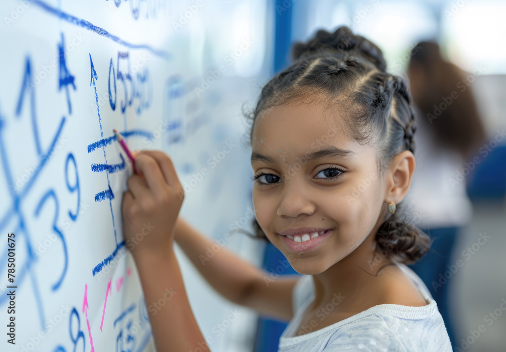 A cute little girl is smiling and writing numbers on the whiteboard ...