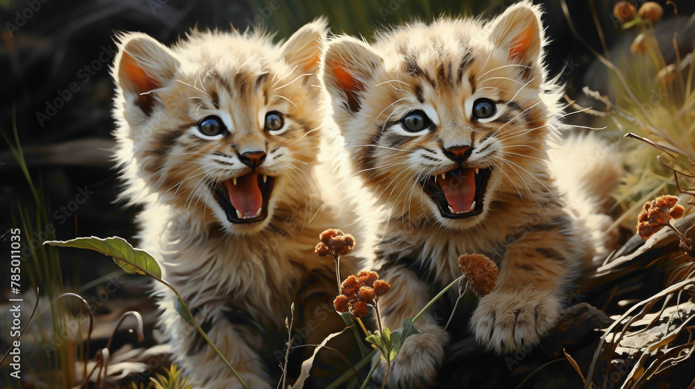 Foto de Fluffy cubs of a small wildcat species frolicking in a grassy ...