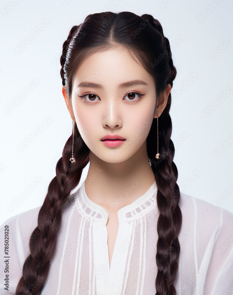 Portrait of beautiful asian, korean or japanese woman with two pigtails ...