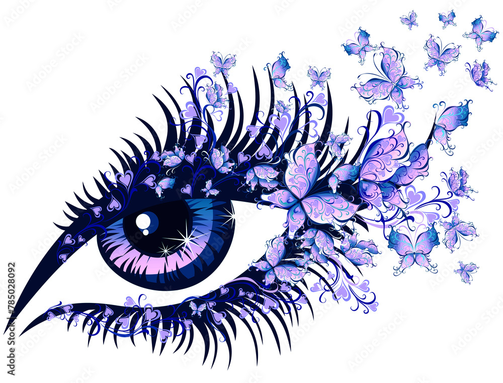 Beautiful Female Eye With Purple Butterflies In Eyelashes Woman Eye Fashion Illustration For