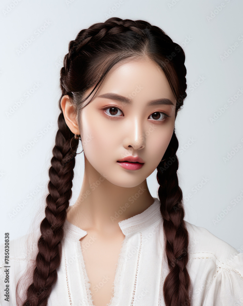 Portrait of beautiful asian, korean or japanese woman with two pigtails ...