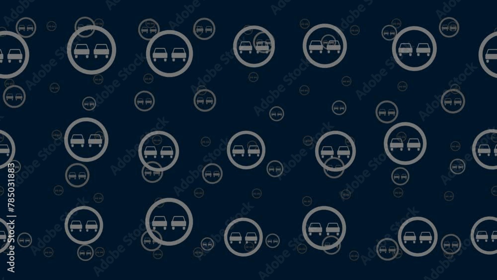No overtaking signs float horizontally from left to right. Parallax fly effect. Floating symbols ...