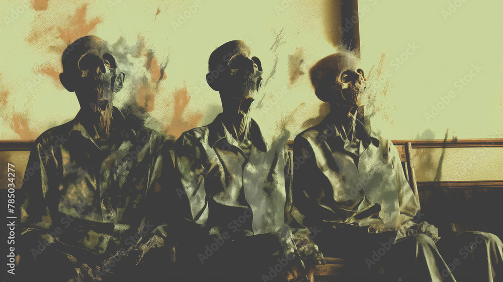 Surreal scene depicting three skeletons seated side by side in a row ...