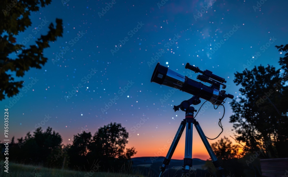 State of the art telescope setup in a home backyard, aimed at a starry ...
