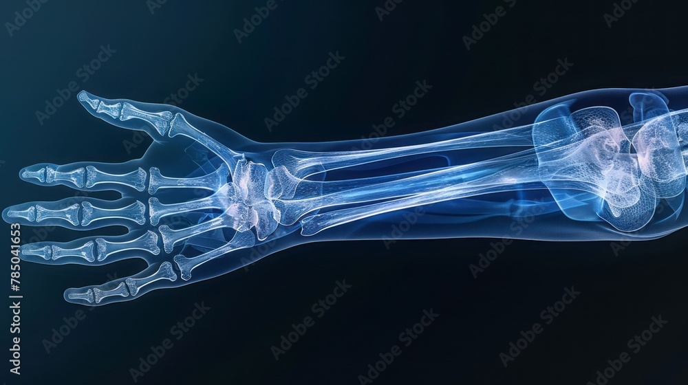 X-ray arm of an accident patient Found a broken middle arm bone. blue ...