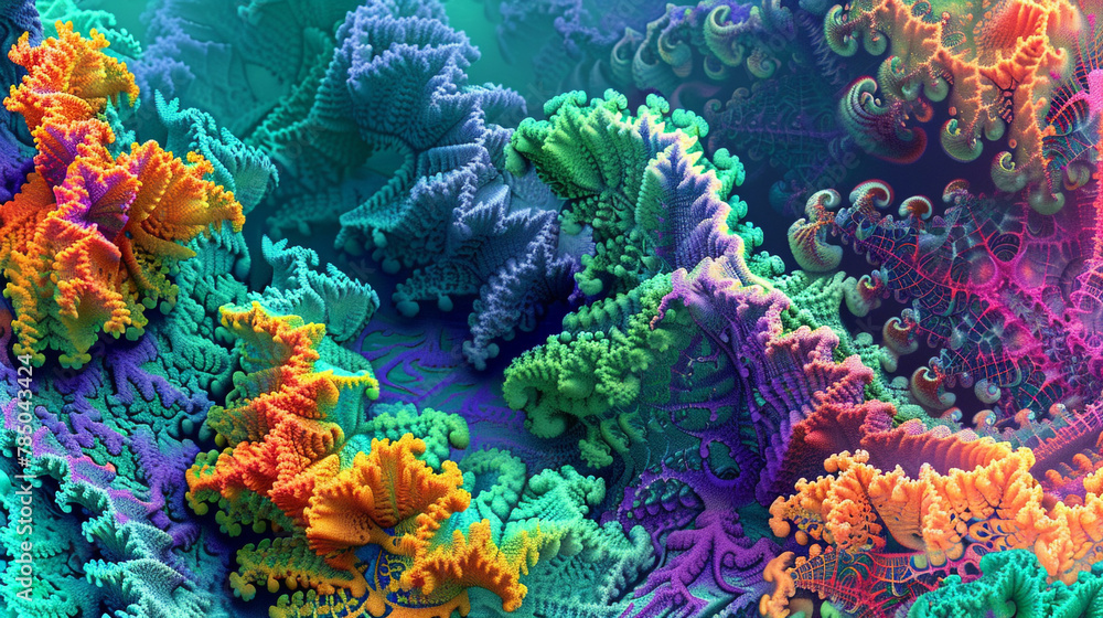 Bright coral and azure fractals create an abstract 3D marine landscape ...