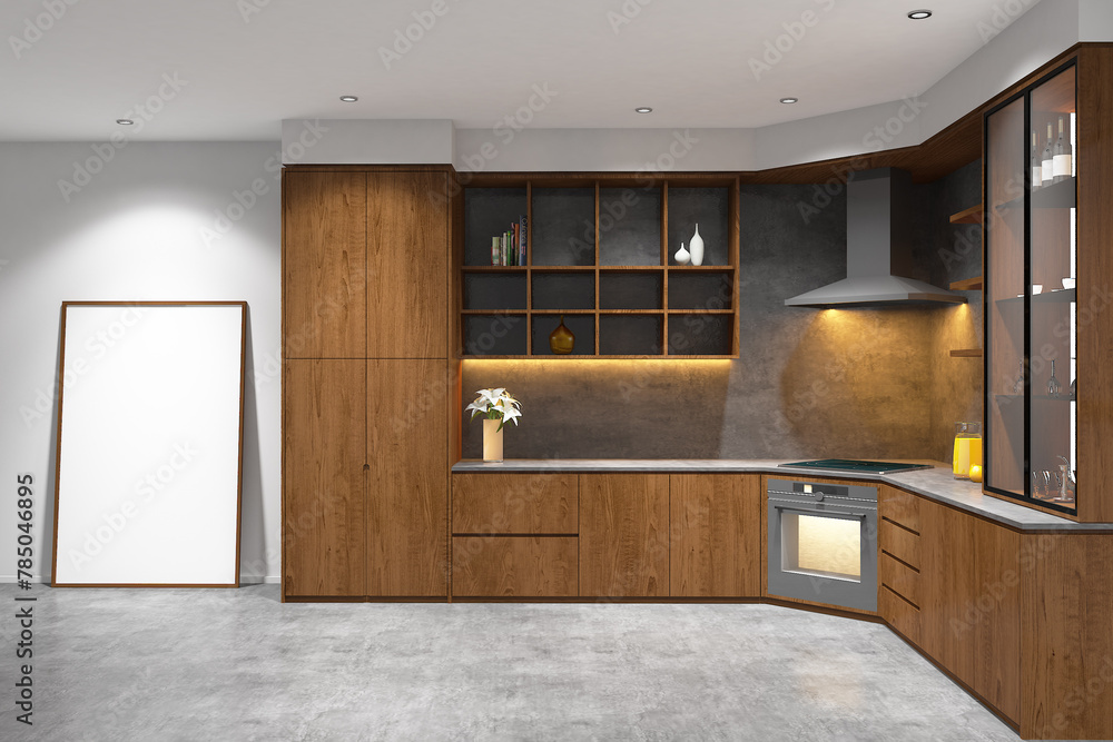 3d rendering interior of kitchen L shape with picture frame mockup ...