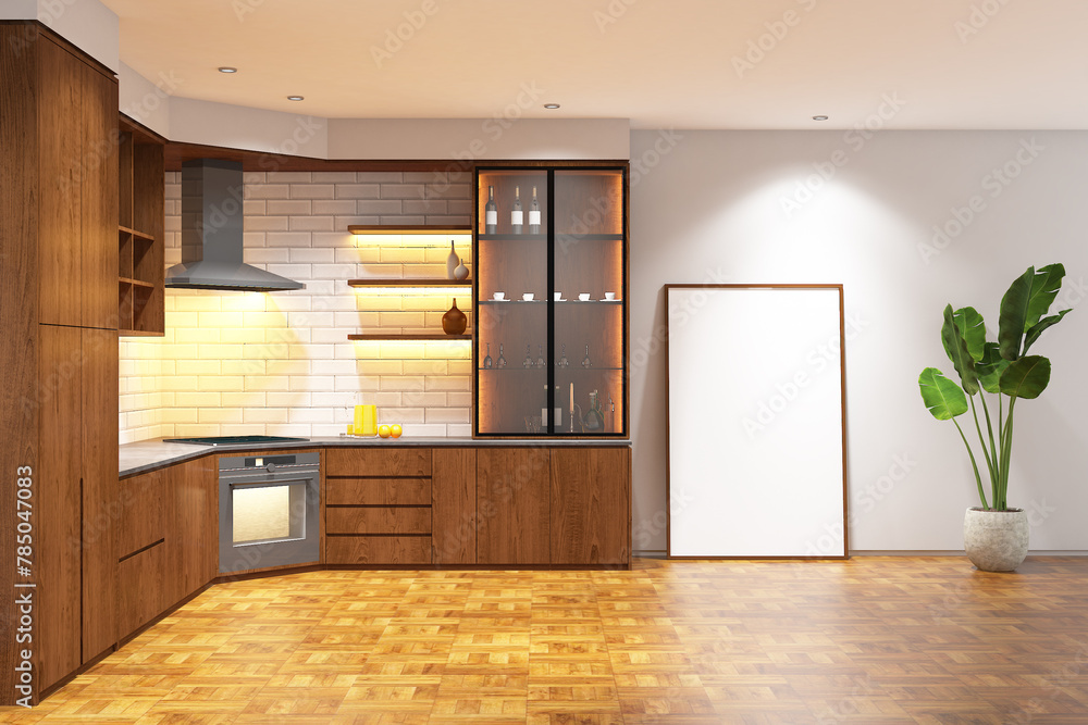 3d rendering interior of kitchen L shape with picture frame mockup ...