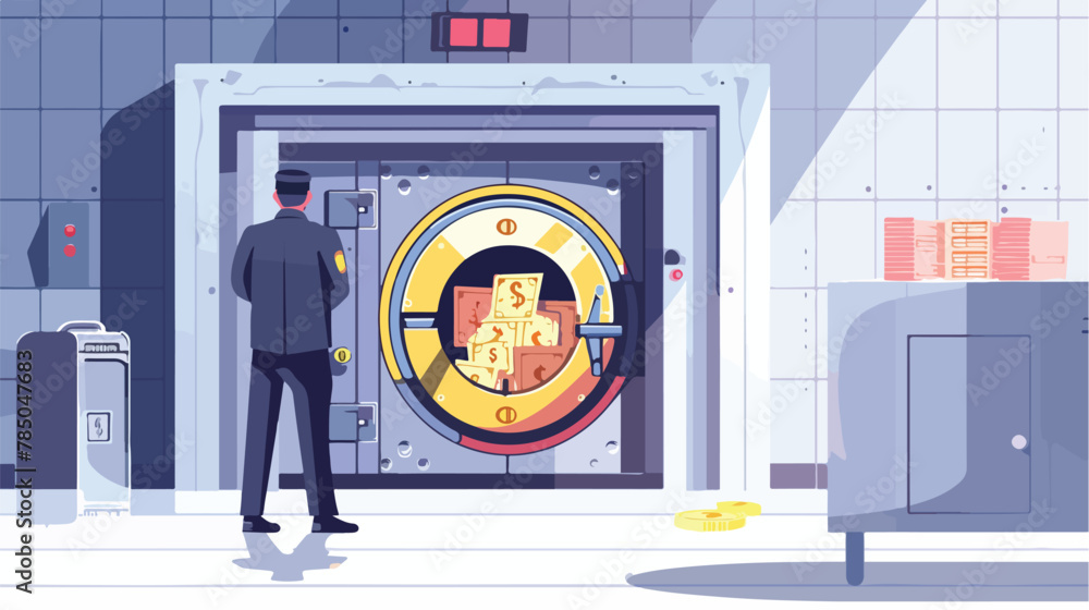 Bank vault room safe door with a officer guard. Opened Stock Vector ...