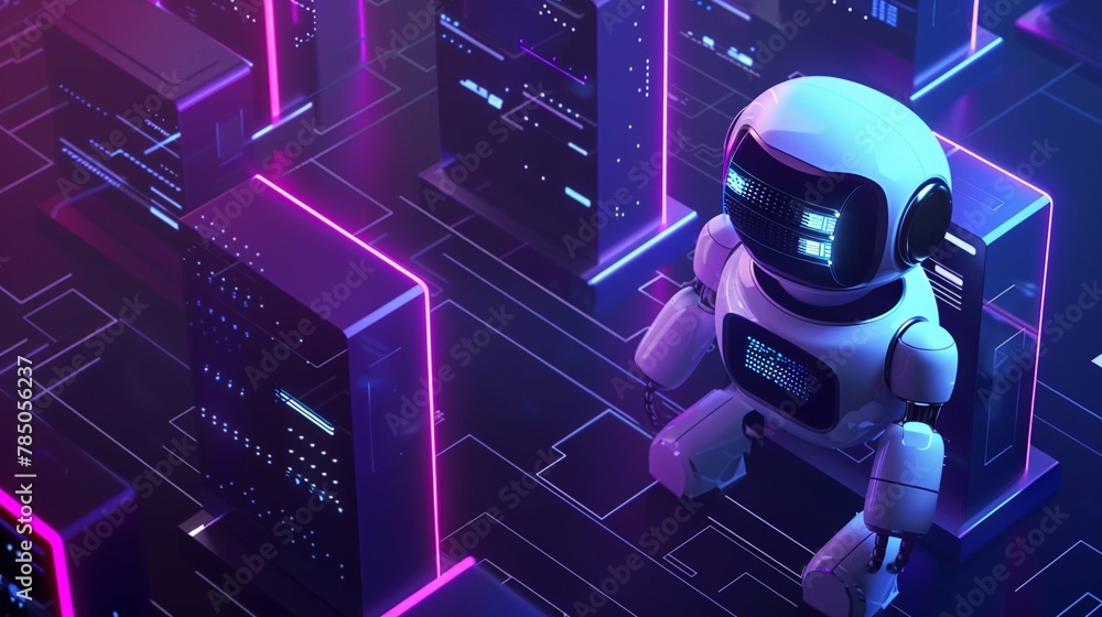 An AI security bot patrolling the perimeters of a digital data center ...