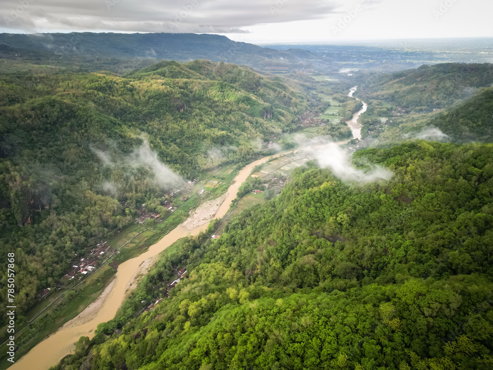 Aerial view of Oya River surrounded by Dense natural forest trees on ...